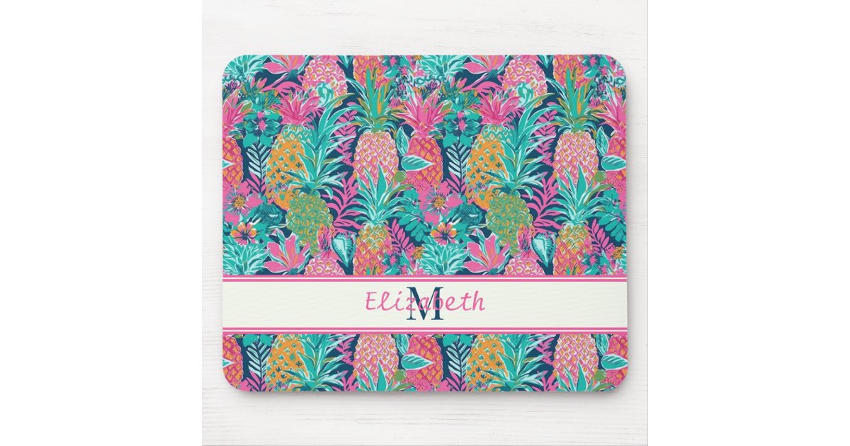 Preppy Pink Teal Navy Blue Pineapple Monogram Mouse Pad | Zazzle
