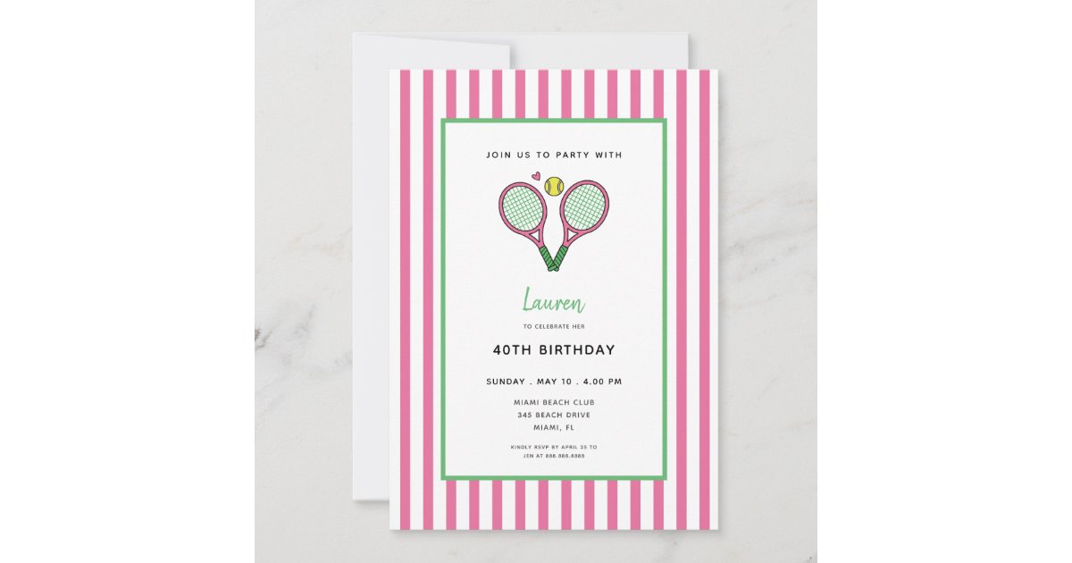 Preppy Pink Tennis Racquet Birthday Invitation | Zazzle