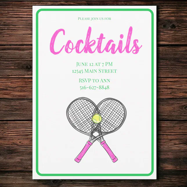Preppy Pink Tennis Racquets Cocktail Party Invitation | Zazzle