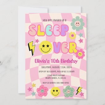 Preppy Pink Y2K Sleep Over Happy Face Birthday Invitation | Zazzle