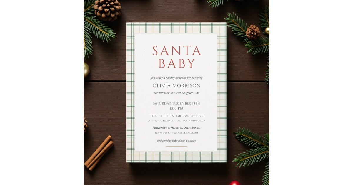 Preppy Plaid Santa Baby Shower Invitation | Zazzle