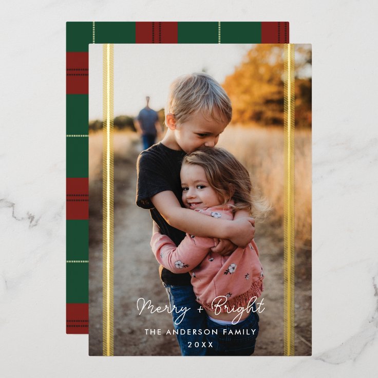 Preppy Plaid Two Photo Vertical Foil Holiday Card | Zazzle