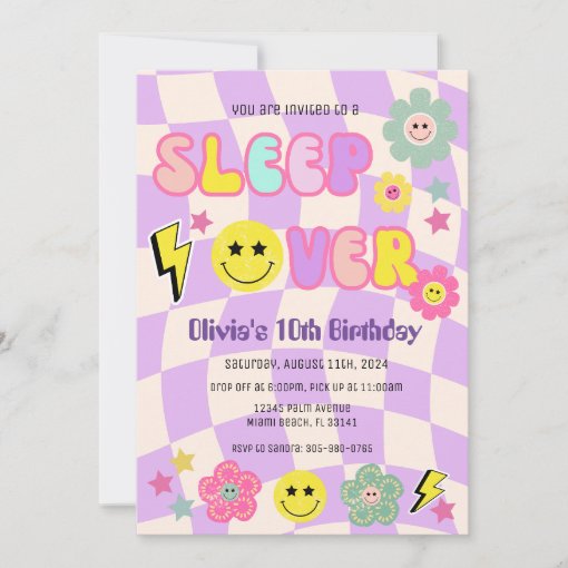 Preppy Purple Y2K Sleep Over Happy Face Birthday Invitation | Zazzle