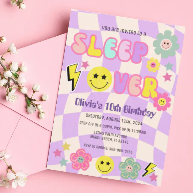 Preppy Purple Y2K Sleep Over Happy Face Birthday Invitation | Zazzle