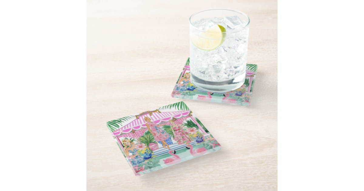 Preppy Retro Palm Beach Pool Party Glass Coaster | Zazzle