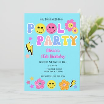 Preppy Retro Y2K Pool Party Happy Face Birthday Invitation | Zazzle