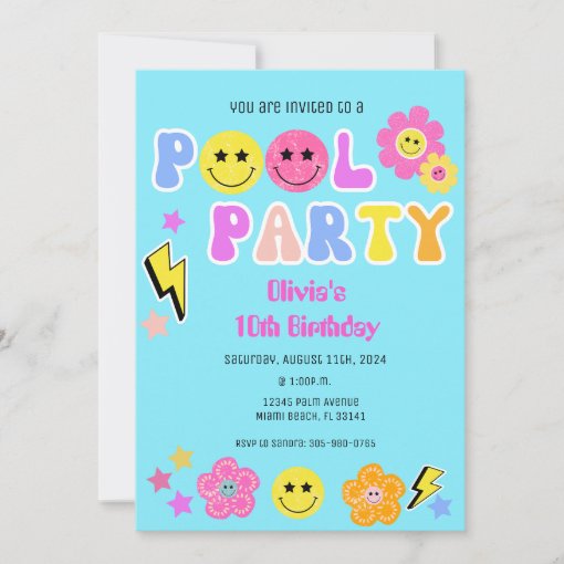 Preppy Retro Y2K Pool Party Happy Face Birthday Invitation | Zazzle