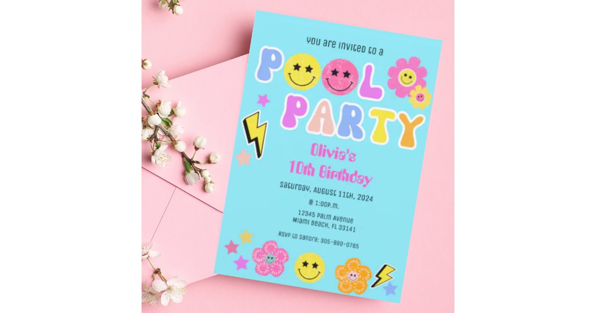 Preppy Retro Y2K Pool Party Happy Face Birthday Invitation | Zazzle