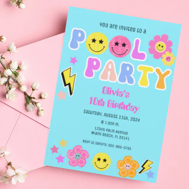 Preppy Retro Y2K Pool Party Happy Face Birthday Invitation | Zazzle