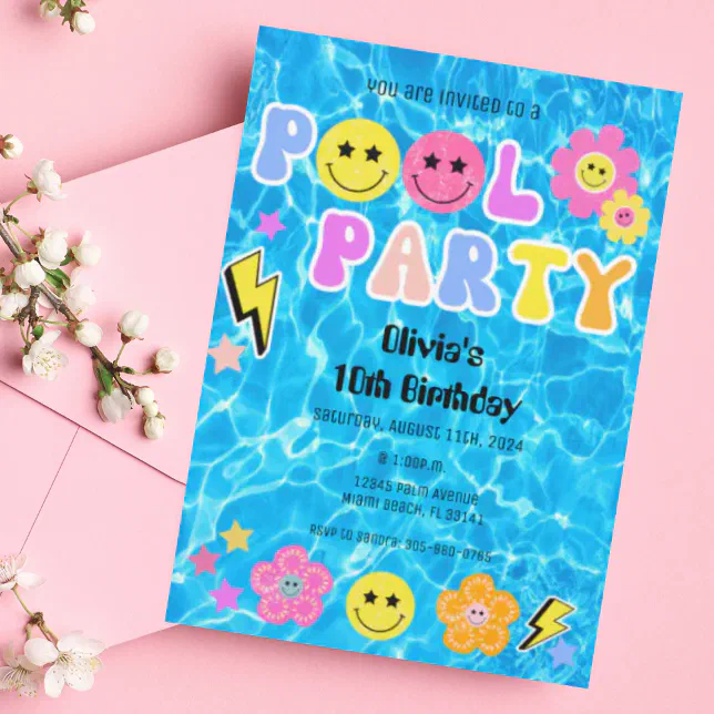 Preppy Retro Y2K Pool Party Happy Face Birthday Invitation | Zazzle