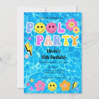 Preppy Retro Y2K Pool Party Happy Face Birthday Invitation | Zazzle