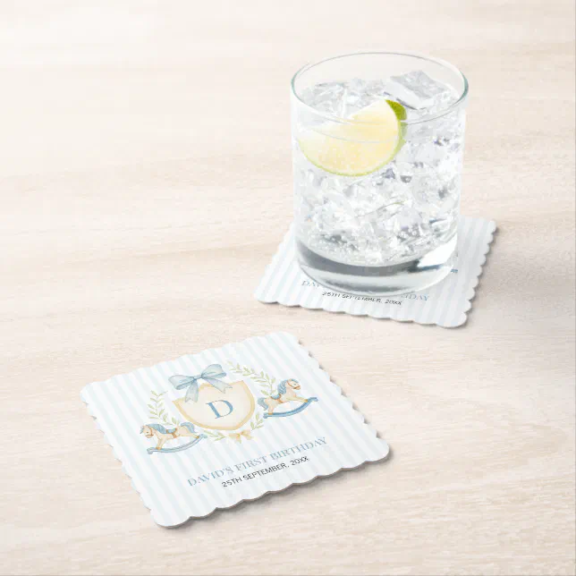 Preppy Rocking Horse Boy First Birthday Paper Coaster | Zazzle