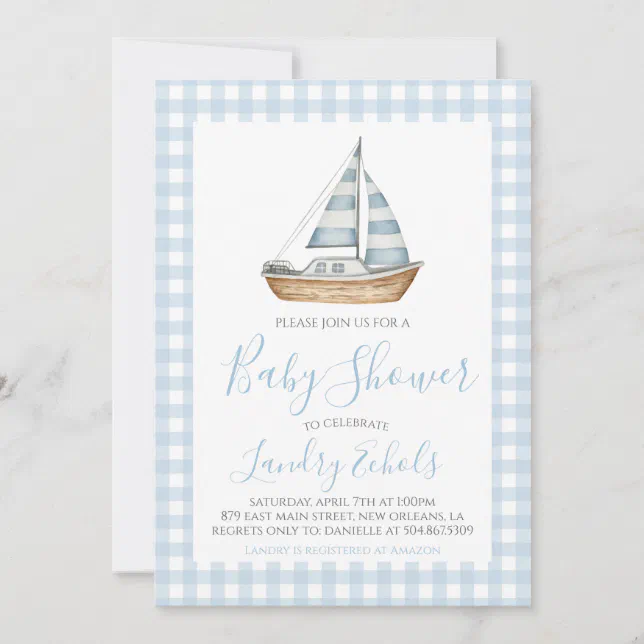Preppy Sail boat Nautical Blue Boy Baby Shower Invitation | Zazzle