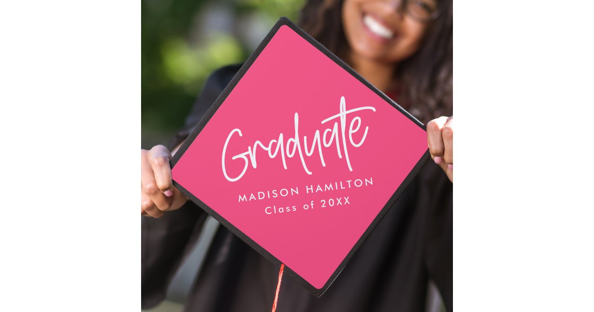 Preppy Script Hot Pink Graduation Cap Topper | Zazzle