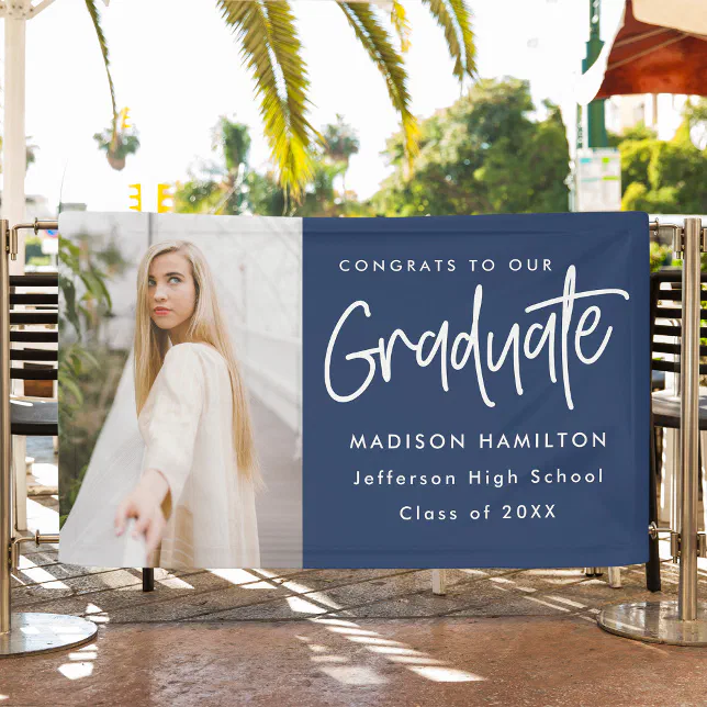 Preppy Script Navy Photo Graduation Banner | Zazzle