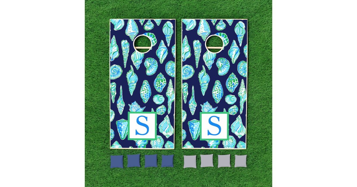 Preppy Sea Shells on Navy Background Monogram Cornhole Set | Zazzle