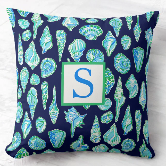 Preppy Sea Shells on Navy Background Monogram Throw Pillow | Zazzle