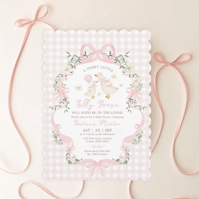 Preppy Silly Goose Pink Bow Girl Baby Shower Invitation | Zazzle