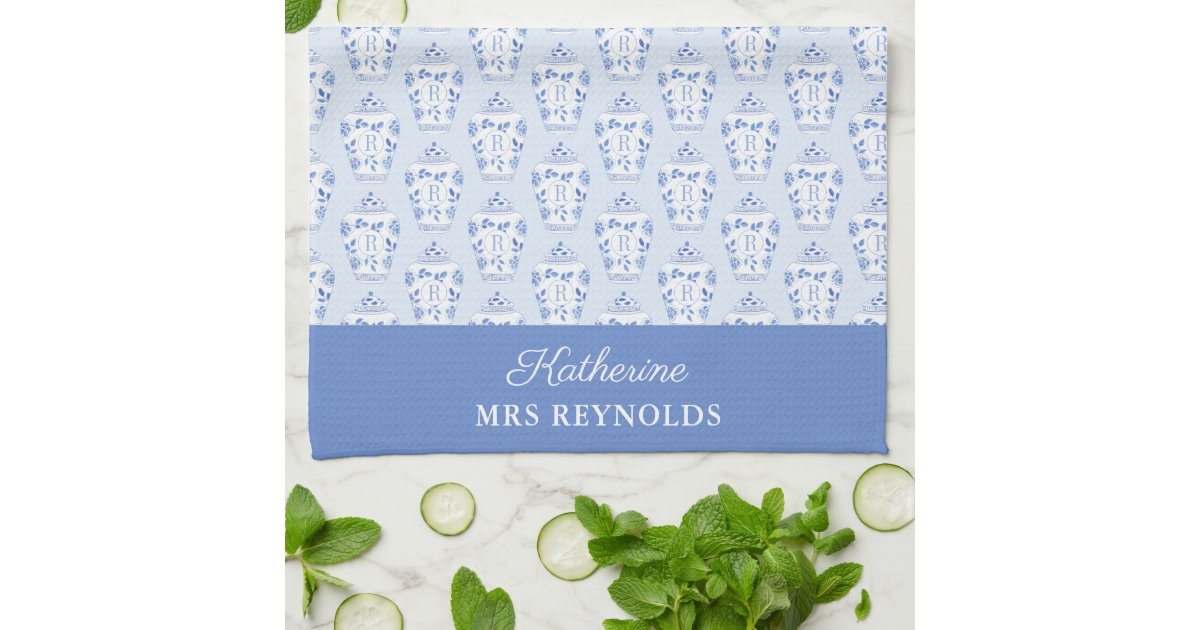 Preppy Something Blue Monogram Kitchen Towel | Zazzle