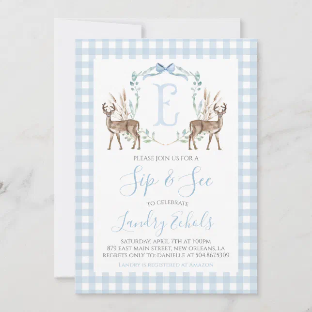 Preppy Southern Blue Boy Deer Hunter Sip and See Invitation | Zazzle