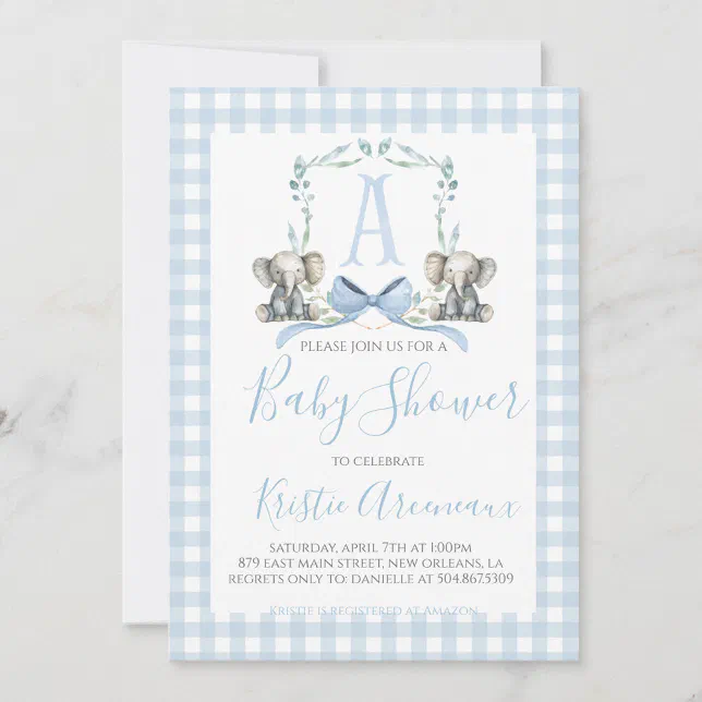 Preppy Southern Blue Boy Elephant Baby Shower Invitation | Zazzle