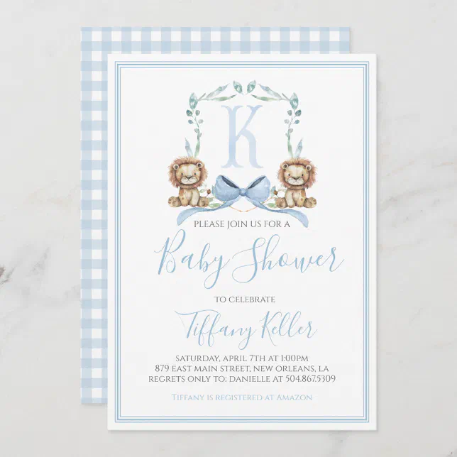 Preppy Southern Blue Boy Lion Baby Shower Invitation | Zazzle