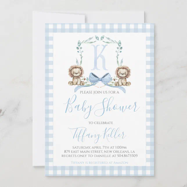 Preppy Southern Blue Boy Lion Baby Shower Invitation | Zazzle