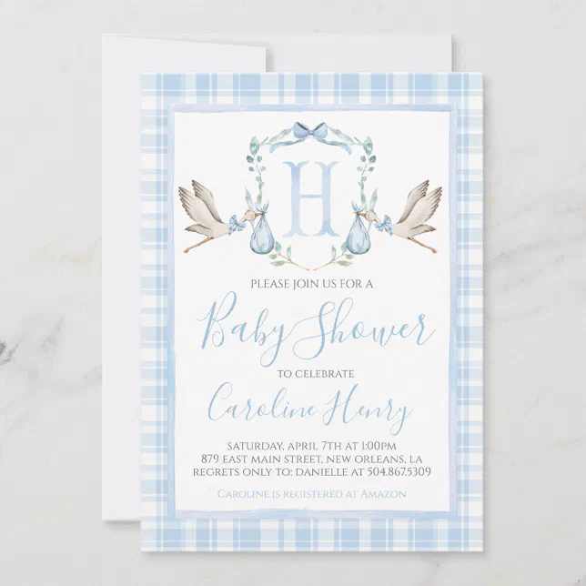 Preppy Southern Blue Boy Stork Baby Shower Invitation | Zazzle