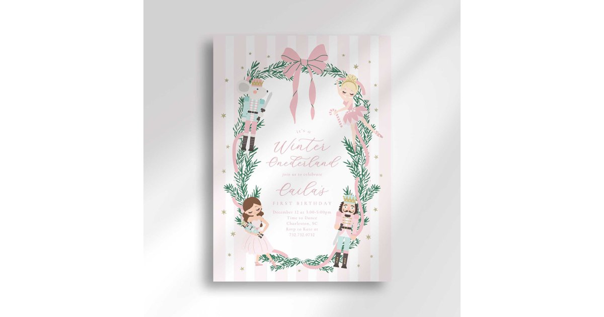 Preppy Stripe Bow Nutcracker Ballet First Birthday Invitation | Zazzle