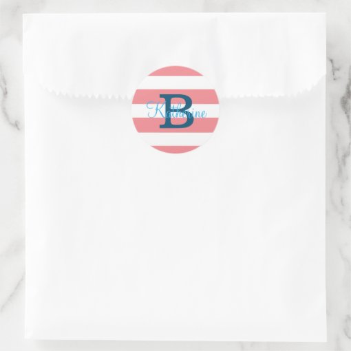 Preppy stripes blue and blush monogram sticker | Zazzle