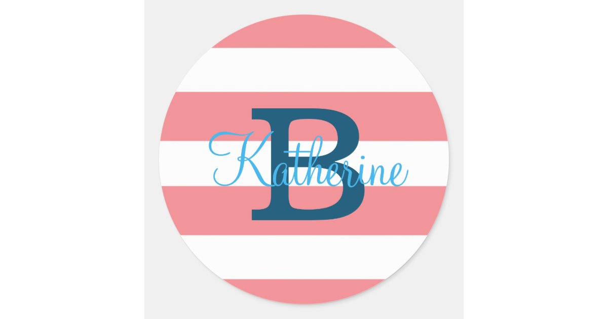 Preppy stripes blue and blush monogram sticker | Zazzle