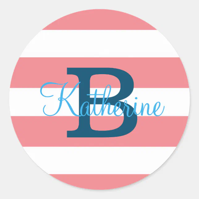 Preppy stripes blue and blush monogram sticker | Zazzle