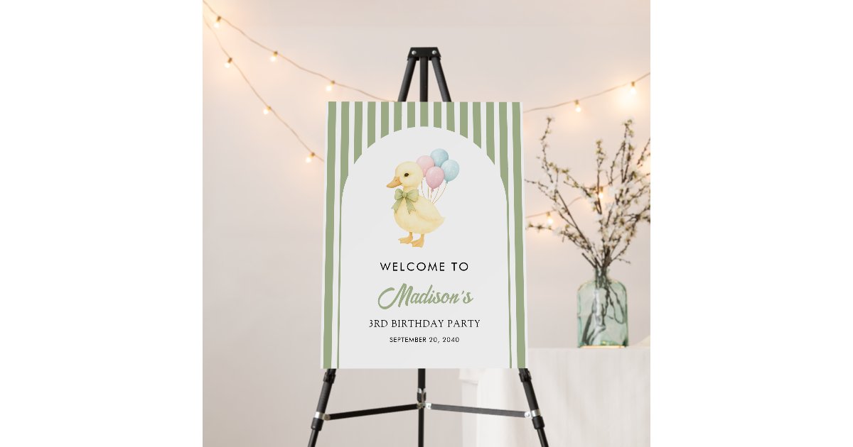 Preppy Stripes Cute Duck Kids Birthday Welcome Foam Board | Zazzle