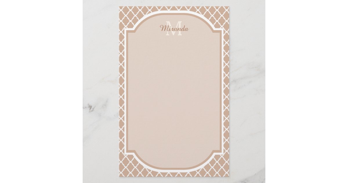 Preppy Tan Quatrefoil Mongogram With Name Stationery | Zazzle