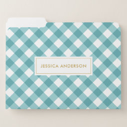 Preppy Teal Gingham Plaid Pattern | Name File Folder | Zazzle