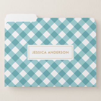 Preppy Teal Gingham Plaid Pattern | Name File Folder | Zazzle