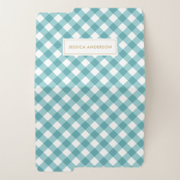 Preppy Teal Gingham Plaid Pattern | Name File Folder | Zazzle