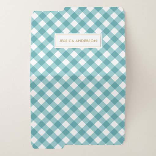Preppy Teal Gingham Plaid Pattern | Name File Folder | Zazzle