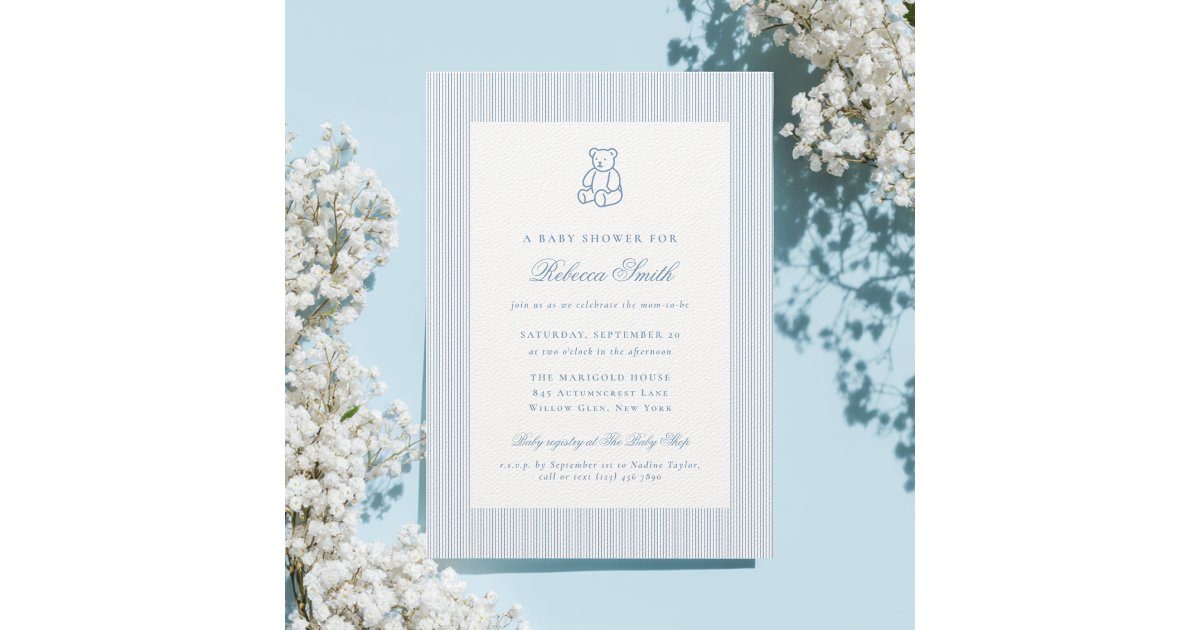 Preppy Teddy Bear Blue Boy Elegant Baby Shower Invitation | Zazzle
