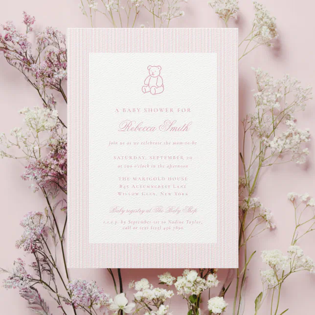 Preppy Teddy Bear Pink Girl Elegant Baby Shower Invitation | Zazzle