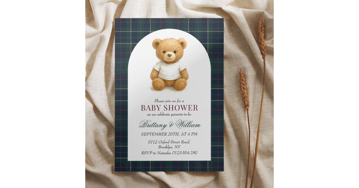 Preppy Teddy Bear Plaid Baby Shower Invitation | Zazzle