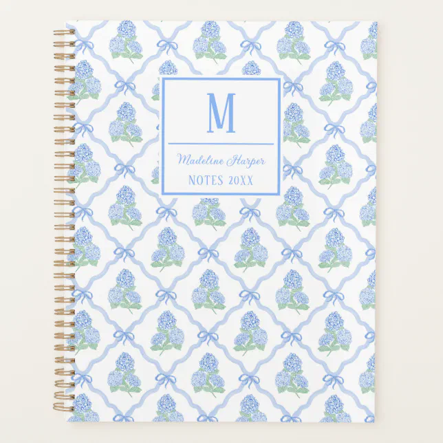 Preppy Trellis Bow Blue & Green Hydrangea Monogram Planner | Zazzle