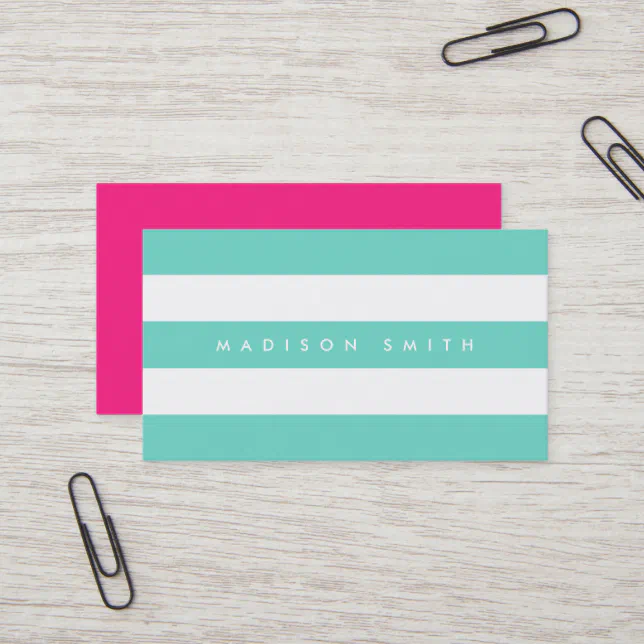 Preppy Turquoise and White Stripes with Pink Business Card | Zazzle