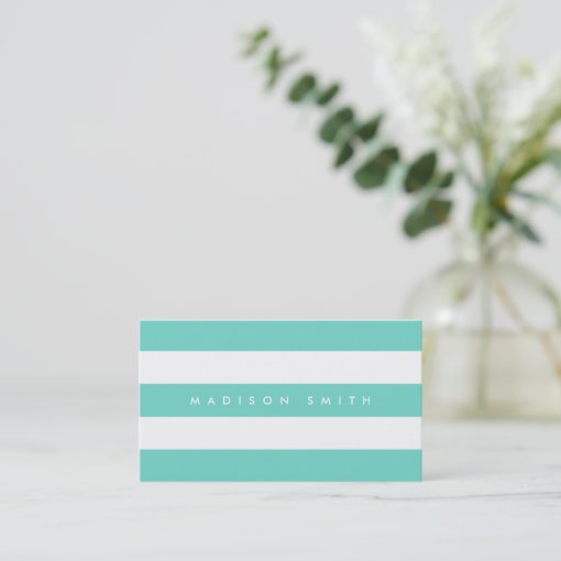 Preppy Turquoise and White Stripes with Pink Business Card | Zazzle