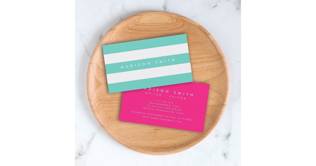 Preppy Turquoise and White Stripes with Pink Business Card | Zazzle