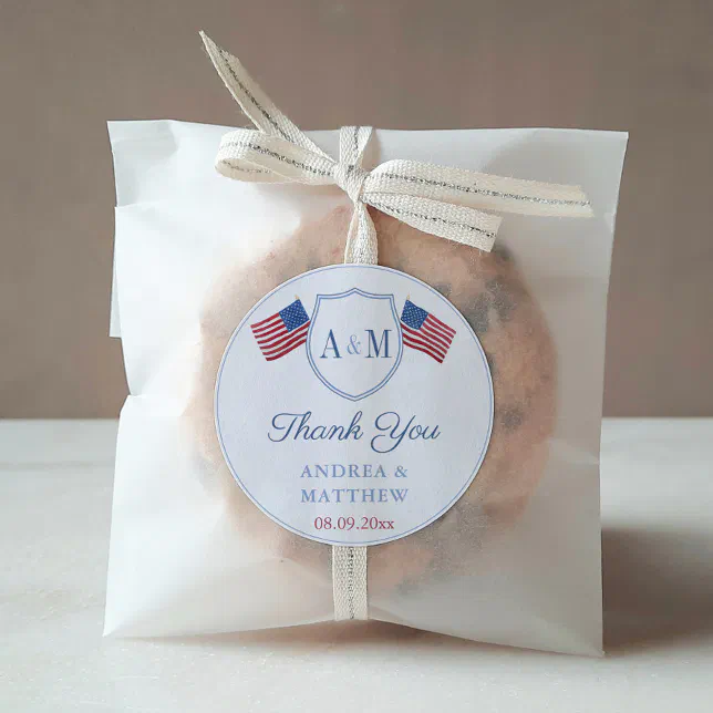 Preppy USA Flag Monogram Wedding Favor Thank You Classic Round Sticker ...