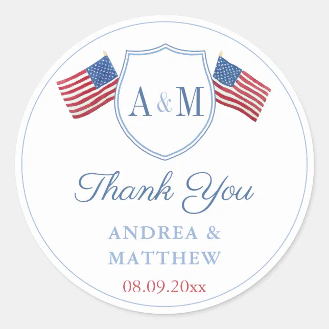 Preppy USA Flag Monogram Wedding Favor Thank You Classic Round Sticker ...