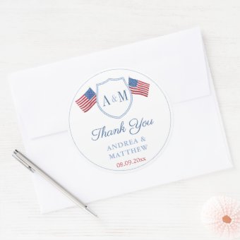 Preppy USA Flag Monogram Wedding Favor Thank You Classic Round Sticker ...