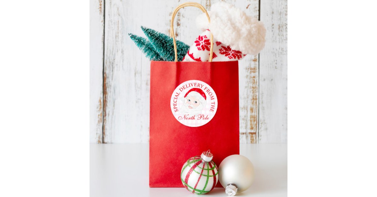 Preppy Vintage Santa Christmas Presents Classic Round Sticker | Zazzle