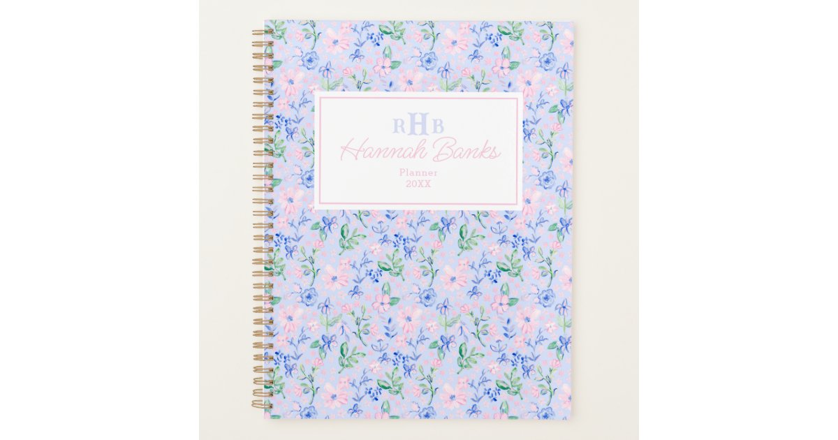 Preppy Watercolor Flowers Monogram Planner | Zazzle
